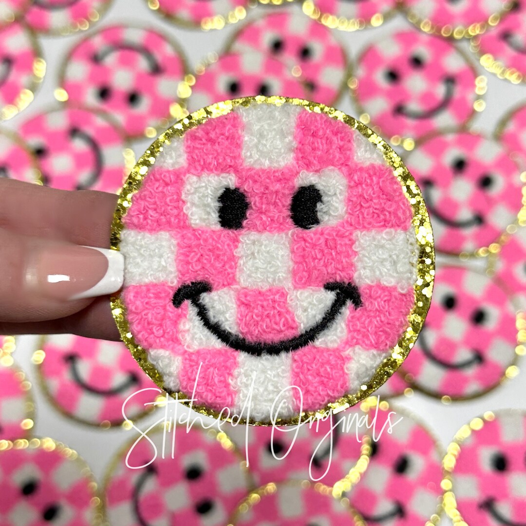 Checkerboard Pink Face 2 3/4"” Chenille Patch With Gold Glitter, Face ...