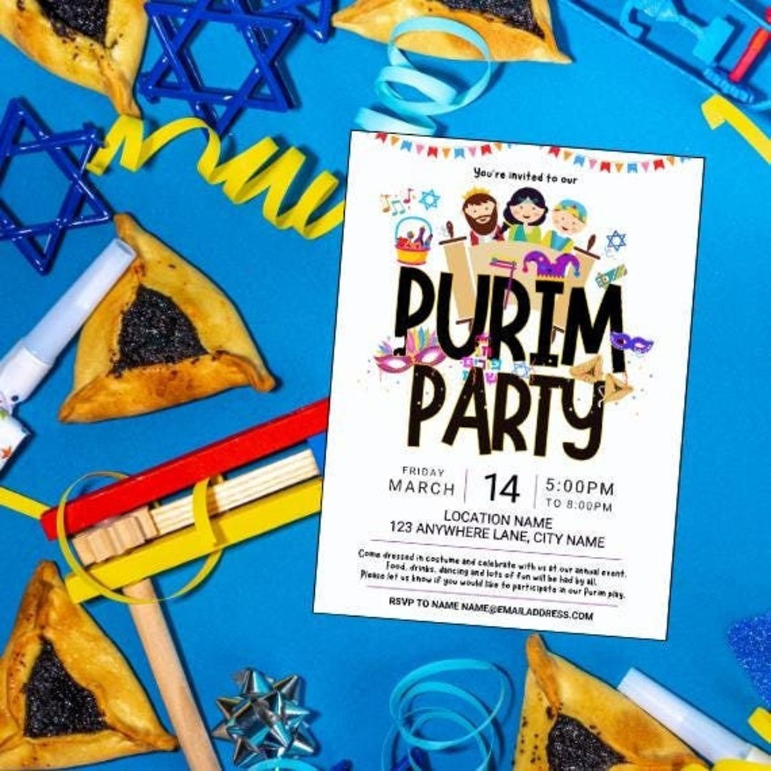 Purim Party Invitation Digital Download File. Editable in Canva, Jewish ...