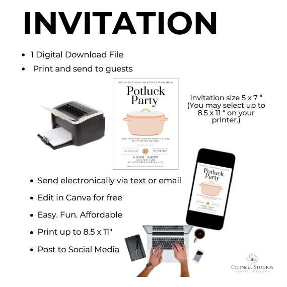 Potluck Party Invitation - Digital Download Template. Edit and ...