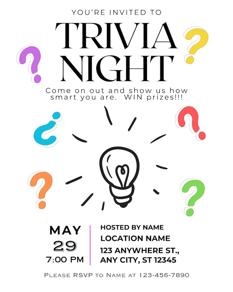 TRIVIA Night Party Invitation Digital Download Template, Edit in Canva ...