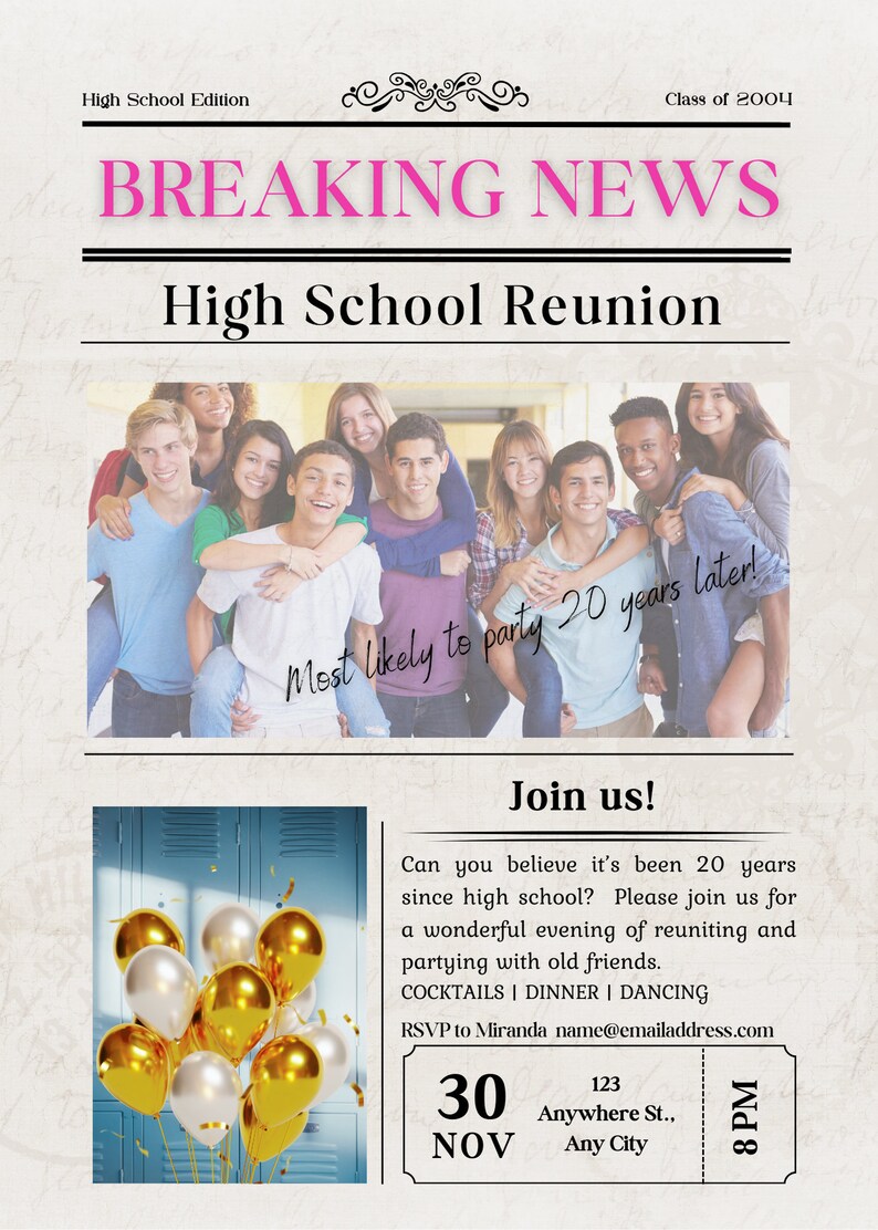 Newspaper Style High School Reunion Digital Download Invitation ...