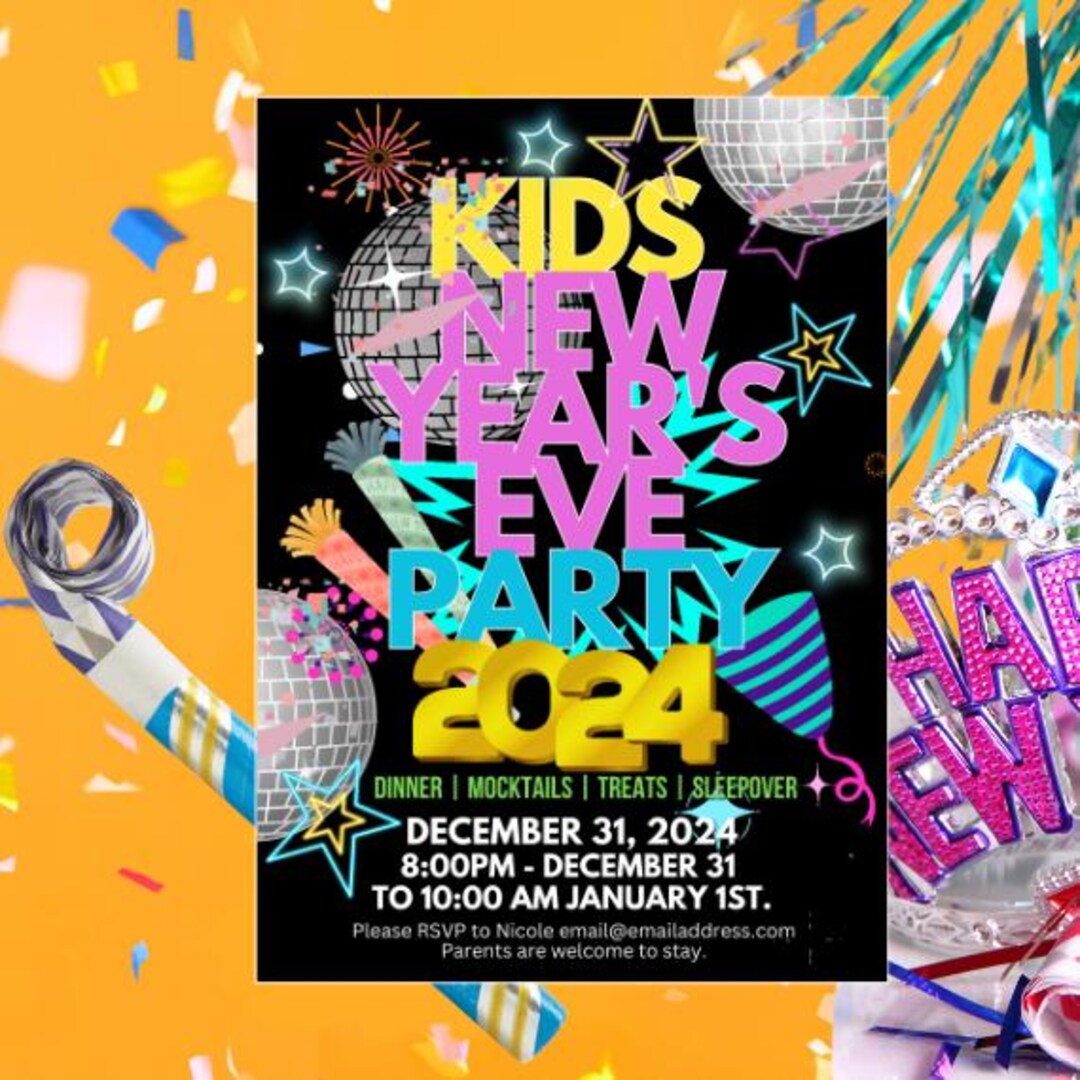 Kids 2024 Animated New Years Sleepover Party Invitation Digital ...