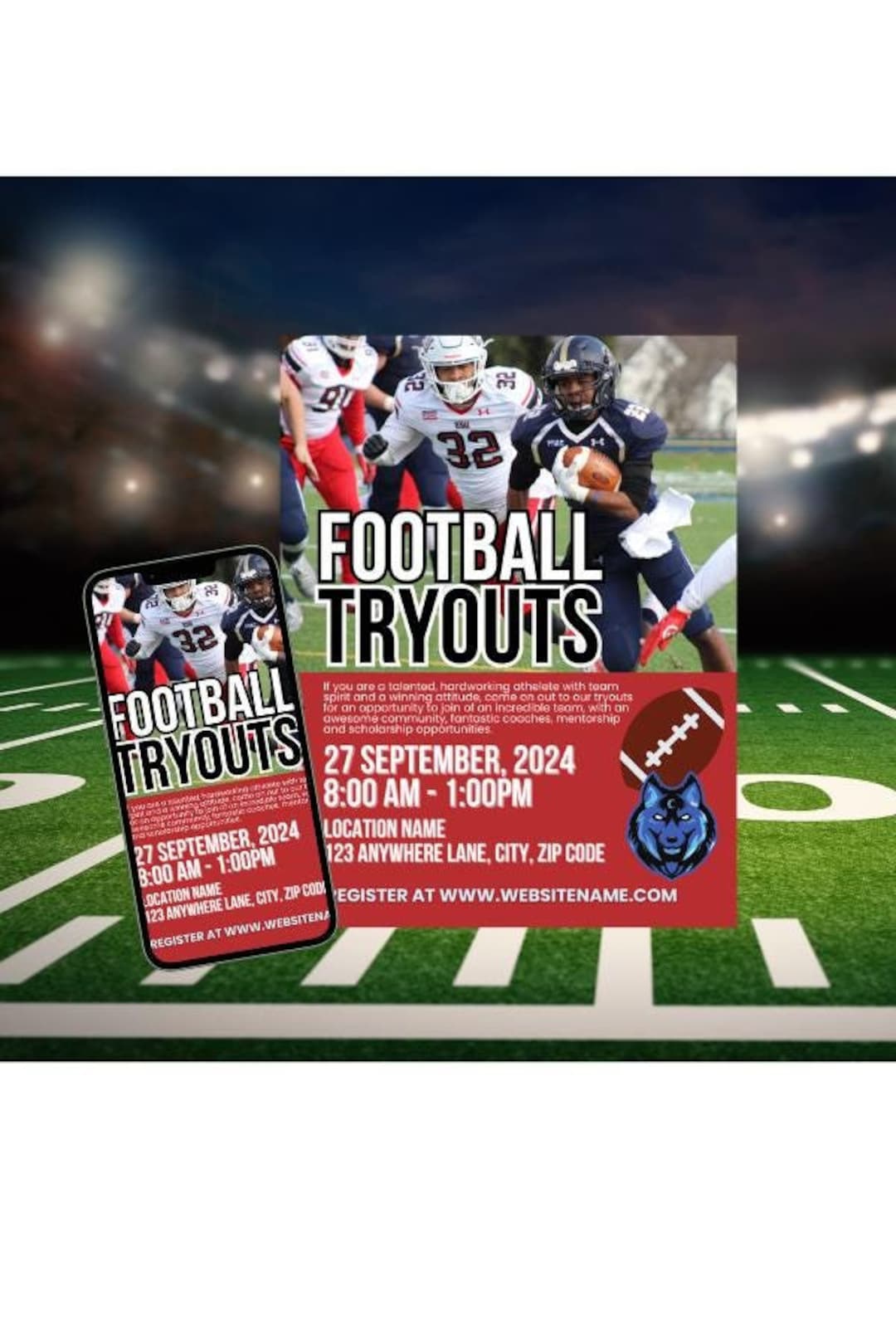 Football Tryouts Flyer Template: Social Media, School Sports (digital ...