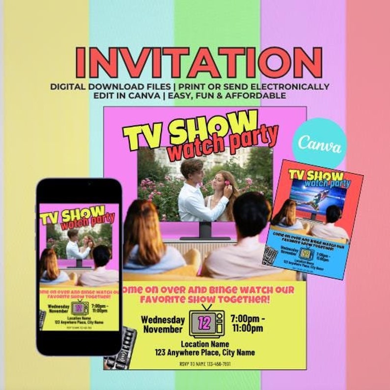 TV WATCH PARTY Digital Invitation Template, Edit in Canva With Free ...