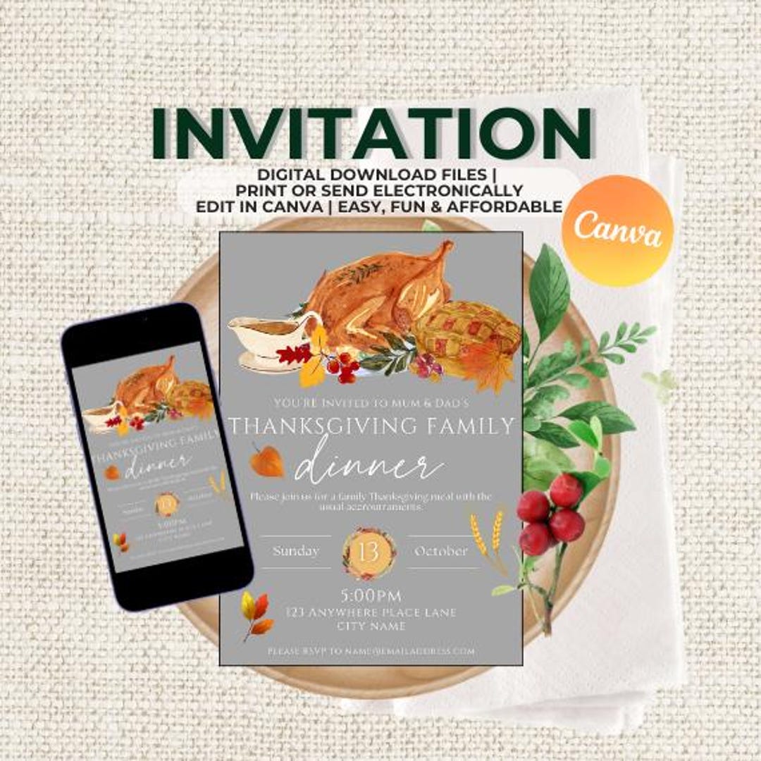 Thanksgiving Dinner Party Invitation Digital Download, Edit in Canva ...