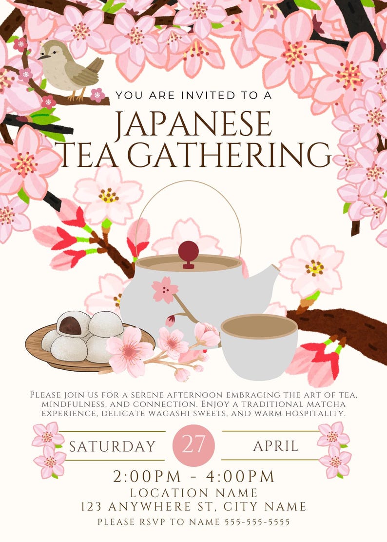 Japanese Tea Party Gathering Digital Download Invitation, Cherry ...