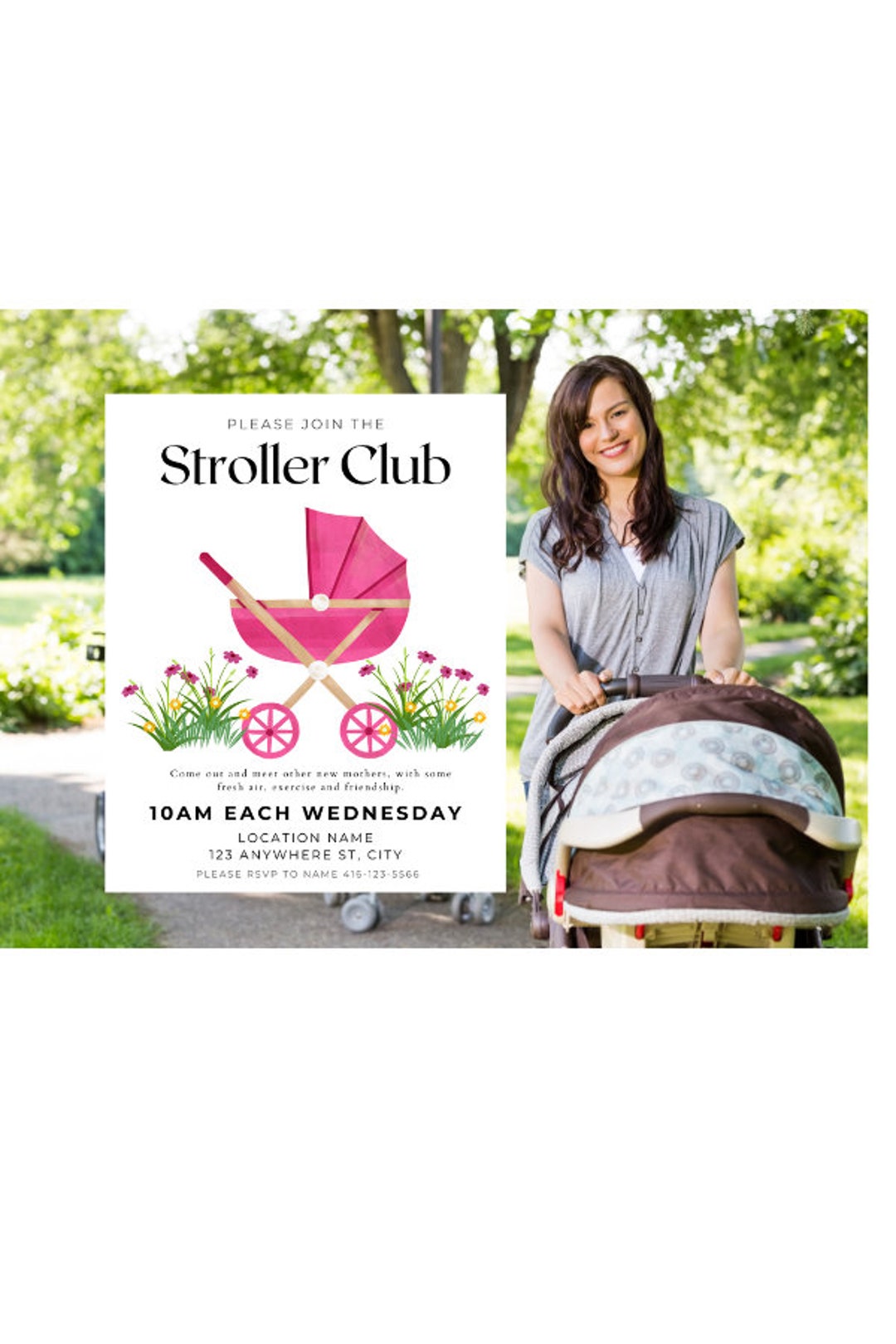 Stroller Club Flyer: Watercolor Pink Stroller, Mom Group (digital ...
