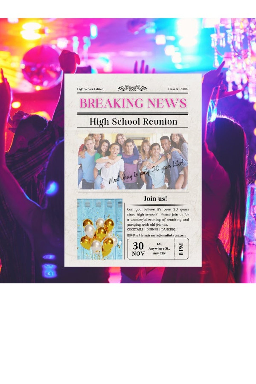 Newspaper Style High School Reunion Digital Download Invitation ...