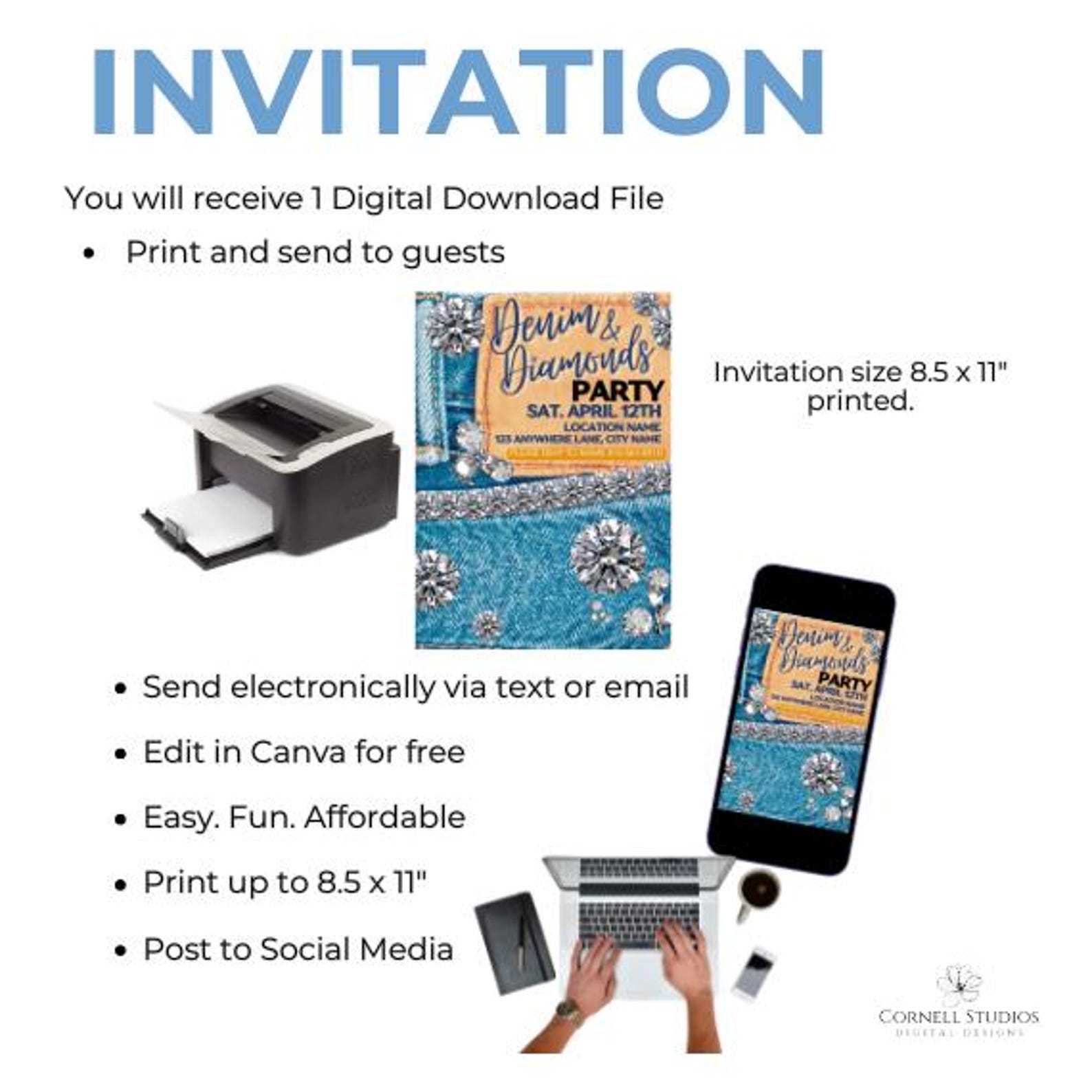 Denim & Diamonds Party Invitation Digital Download Template, Edit in ...