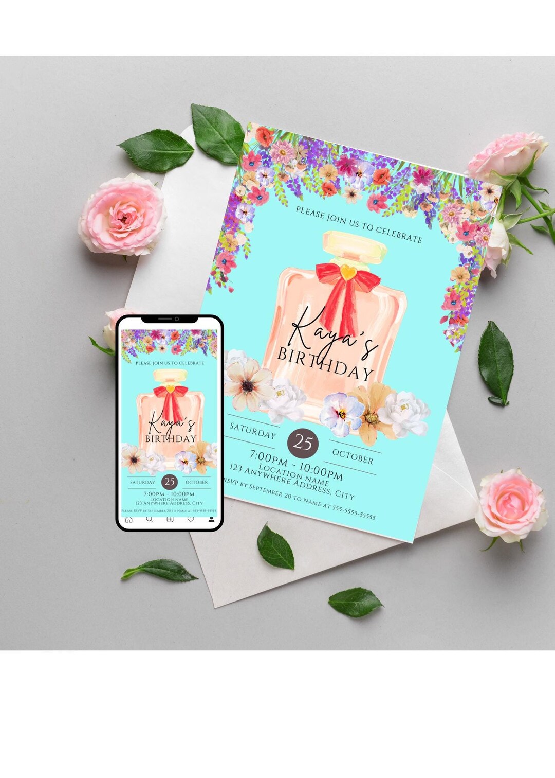 Pretty Floral BIRTHDAY PARTY Invitation Digital Download File Template ...