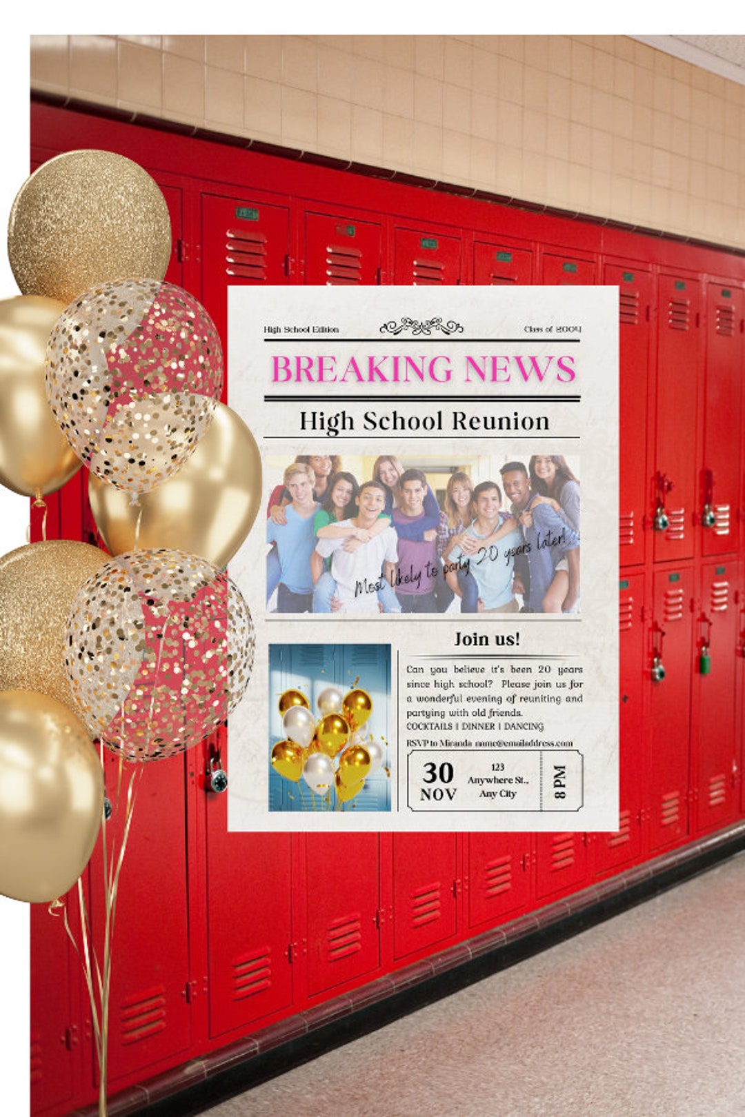 Newspaper Style High School Reunion Digital Download Invitation ...