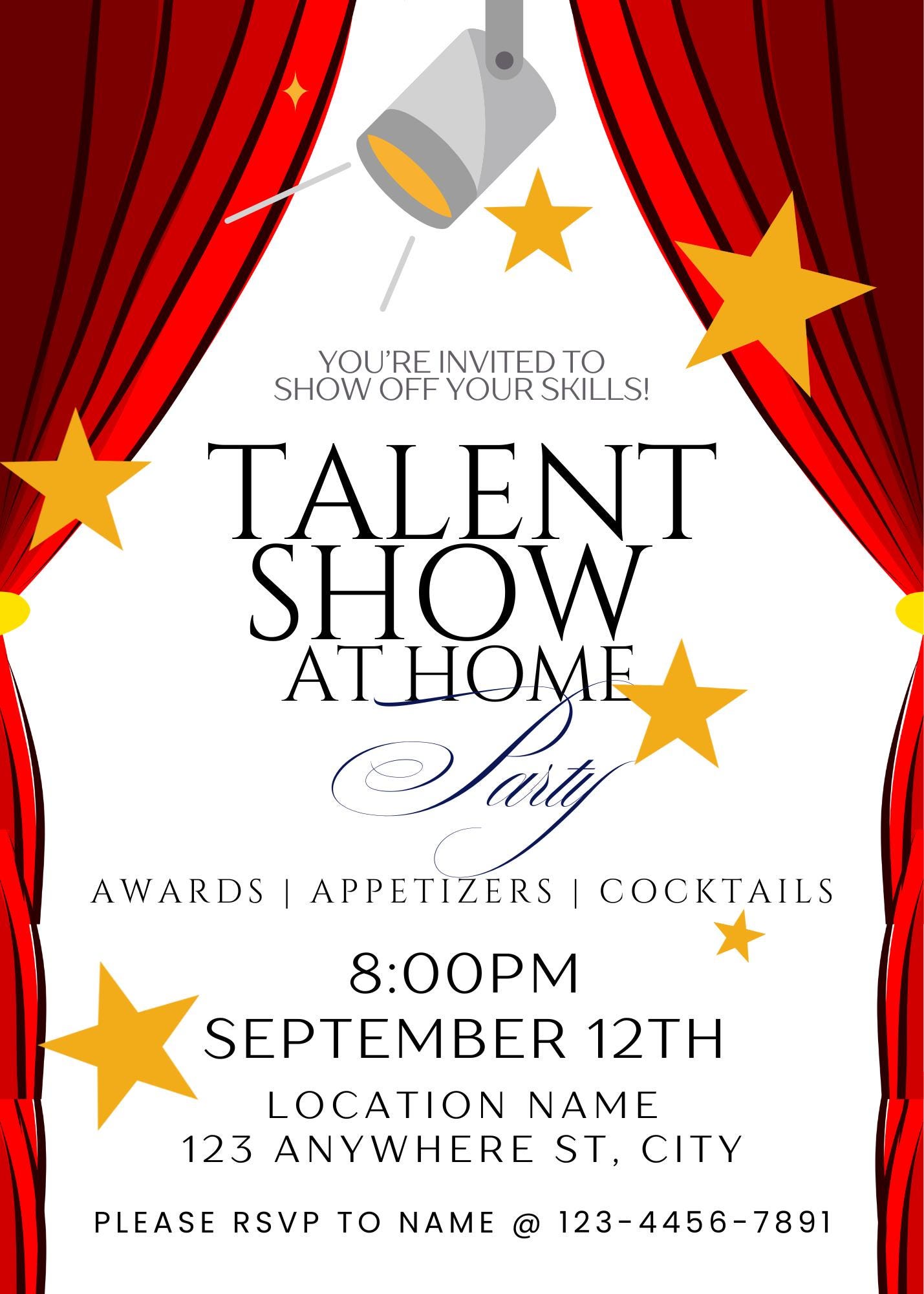 Talent Show Party Digital Download Invitation Template, Edit in Canva 5 ...