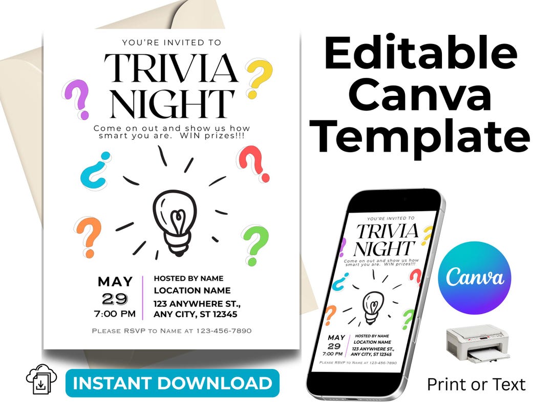 TRIVIA Night Party Invitation Digital Download Template, Edit in Canva ...