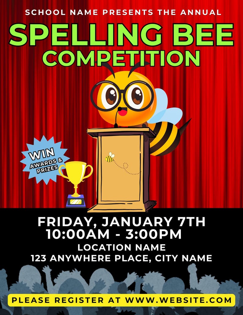 Spelling Bee Digital Download Flyer Template, With Second Page for Top ...
