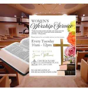 Women's Worship Service Flyer: Church Invitation Template (digital ...