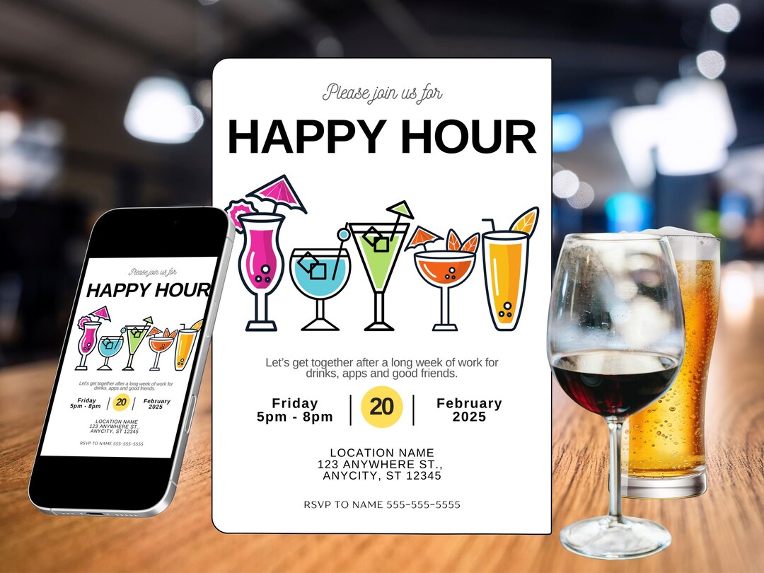 Happy Hour Invitation Template: Illustrated Cocktails (digital Download ...