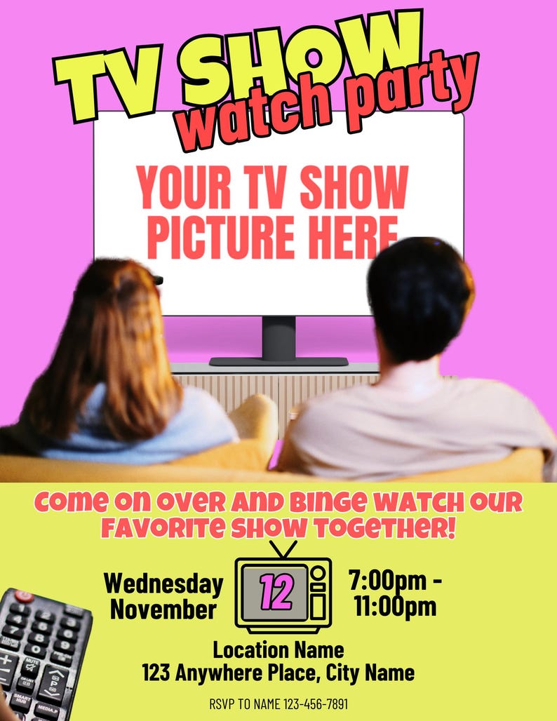 TV WATCH PARTY Digital Invitation Template, Edit in Canva With Free ...