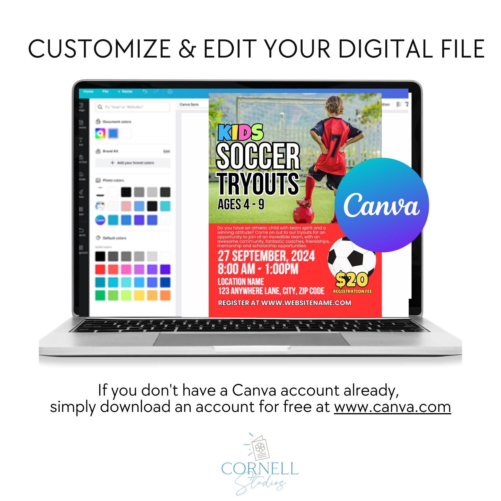 SOCCER TRYOUTS Flyer Digital Download Template, Youth Soccer, Social ...