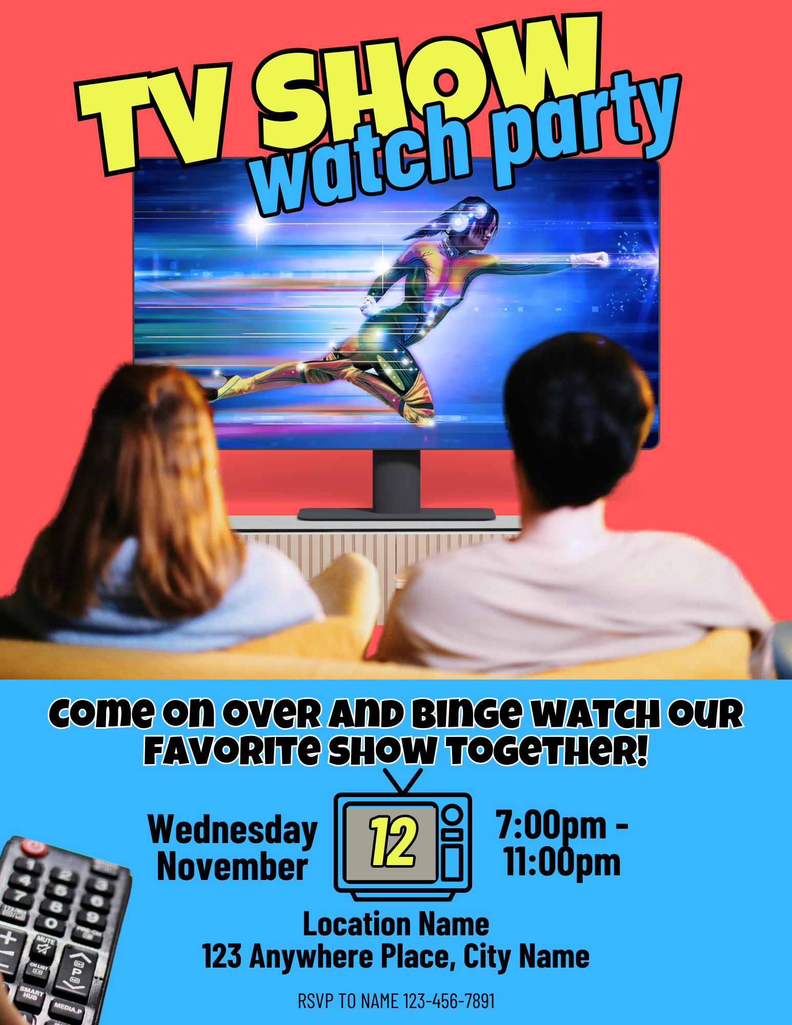 TV WATCH PARTY Digital Invitation Template, Edit in Canva With Free ...
