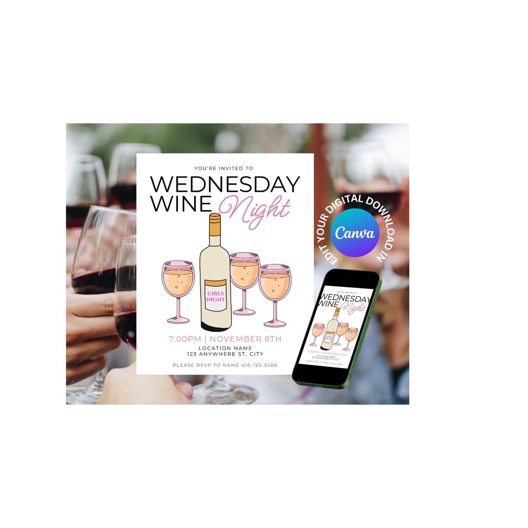 Wednesday WINE Night Digital Download Invitation, Edit in Canva, 5 X 7 ...