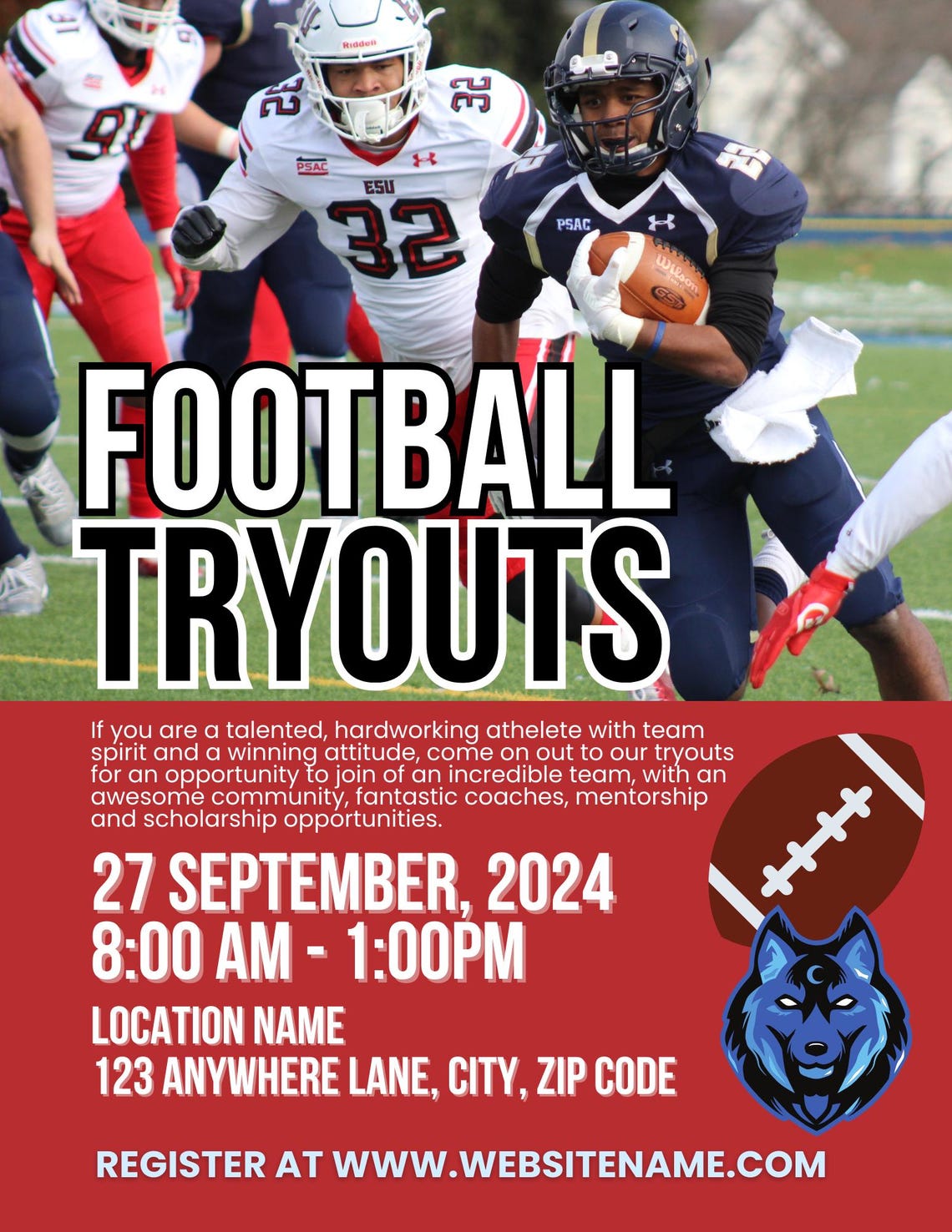 Football Tryouts Flyer Template: Social Media, School Sports (digital ...