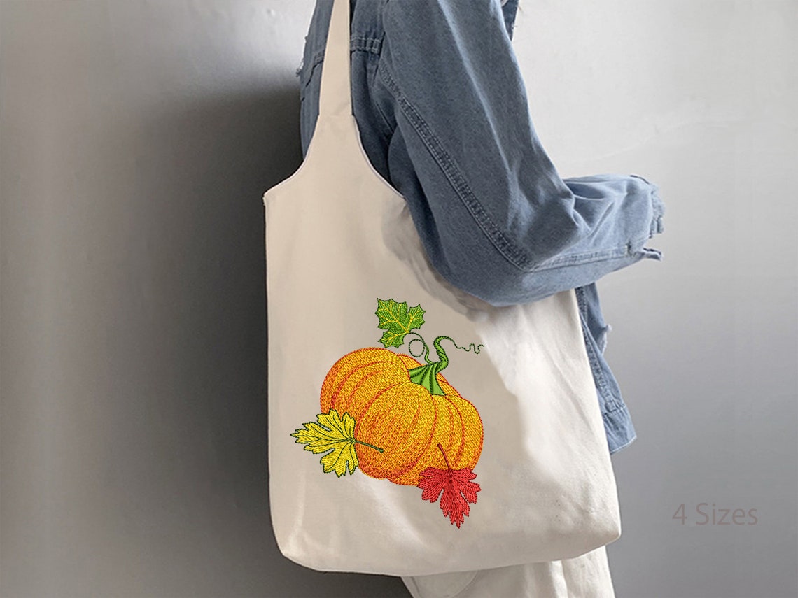 Pumpkin Machine Embroidery Design, Embroidered Pumpkin With Leaves ...