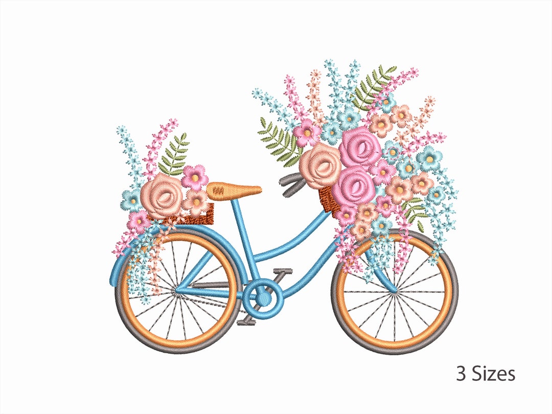 Bike Machine Embroidery. Bicycle With a Basket of Flowers Embroidery ...