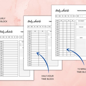 Time Blocking Daily Schedule: Hourly, Half-hour, 15 Minute Planer ...