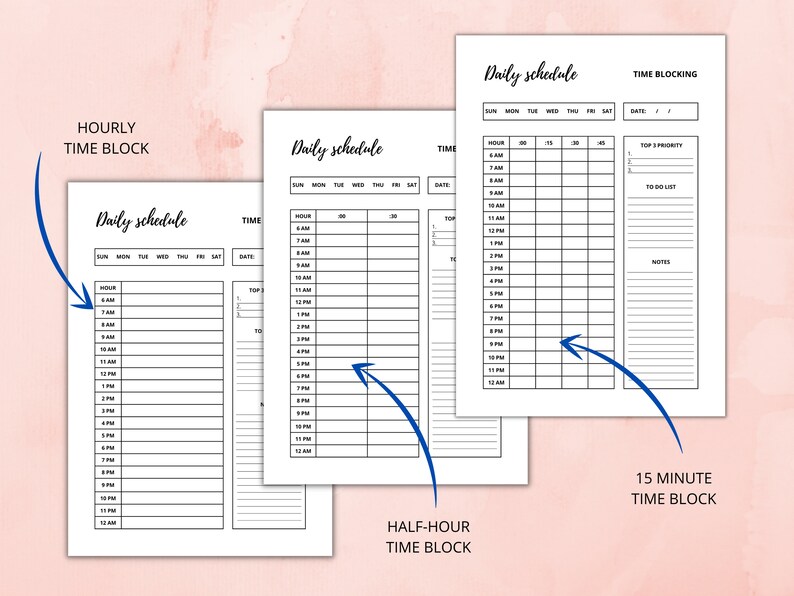 Time Blocking Daily Schedule: Hourly, Half-hour, 15 Minute Planer ...