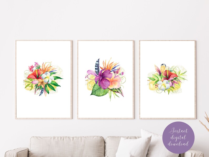Tropical Flowers Printable Art Set of 3 Prints Botanical Wall Art ...