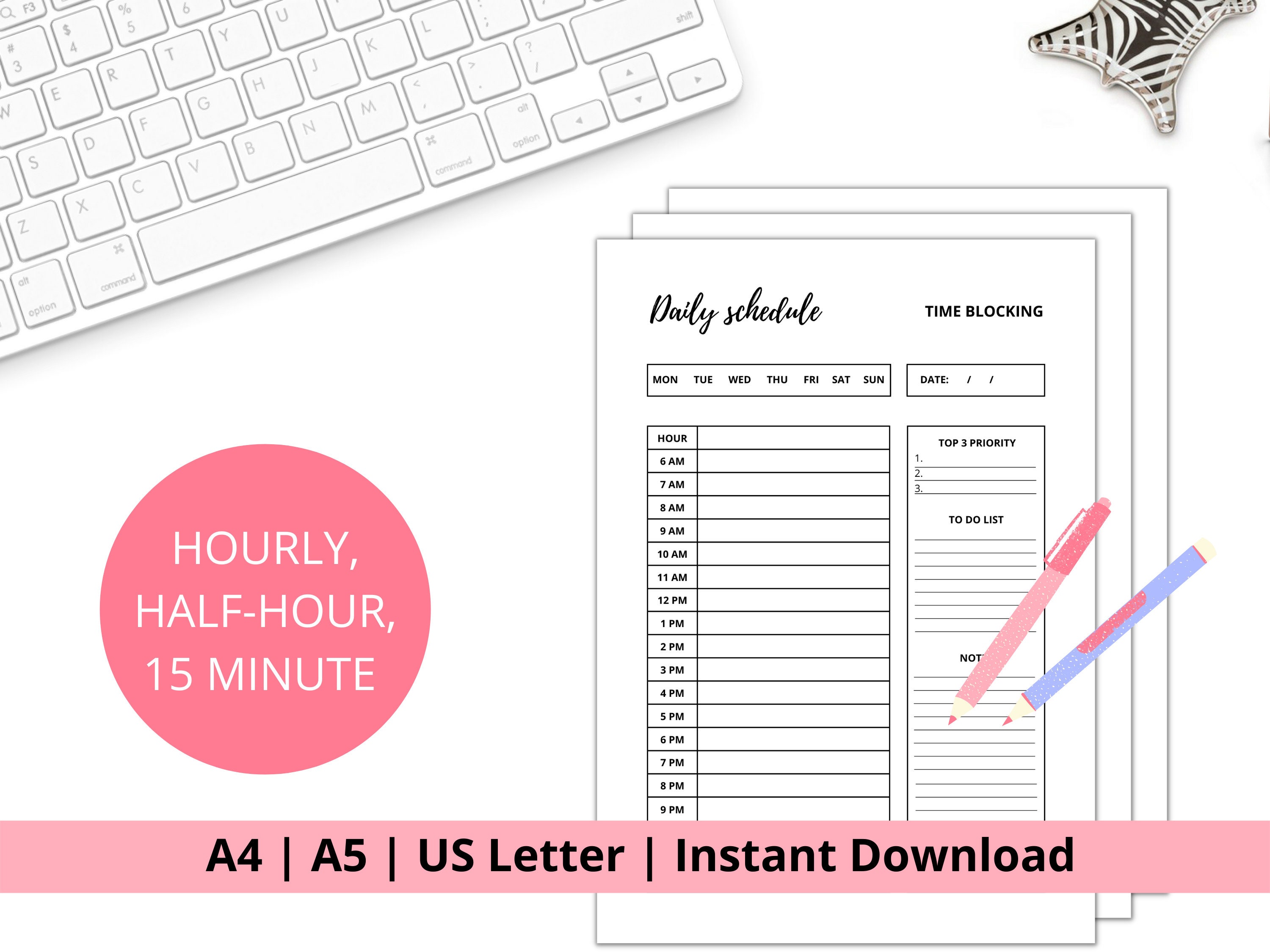 Time Blocking Daily Schedule: Hourly Half-hour 15 Minute - Etsy