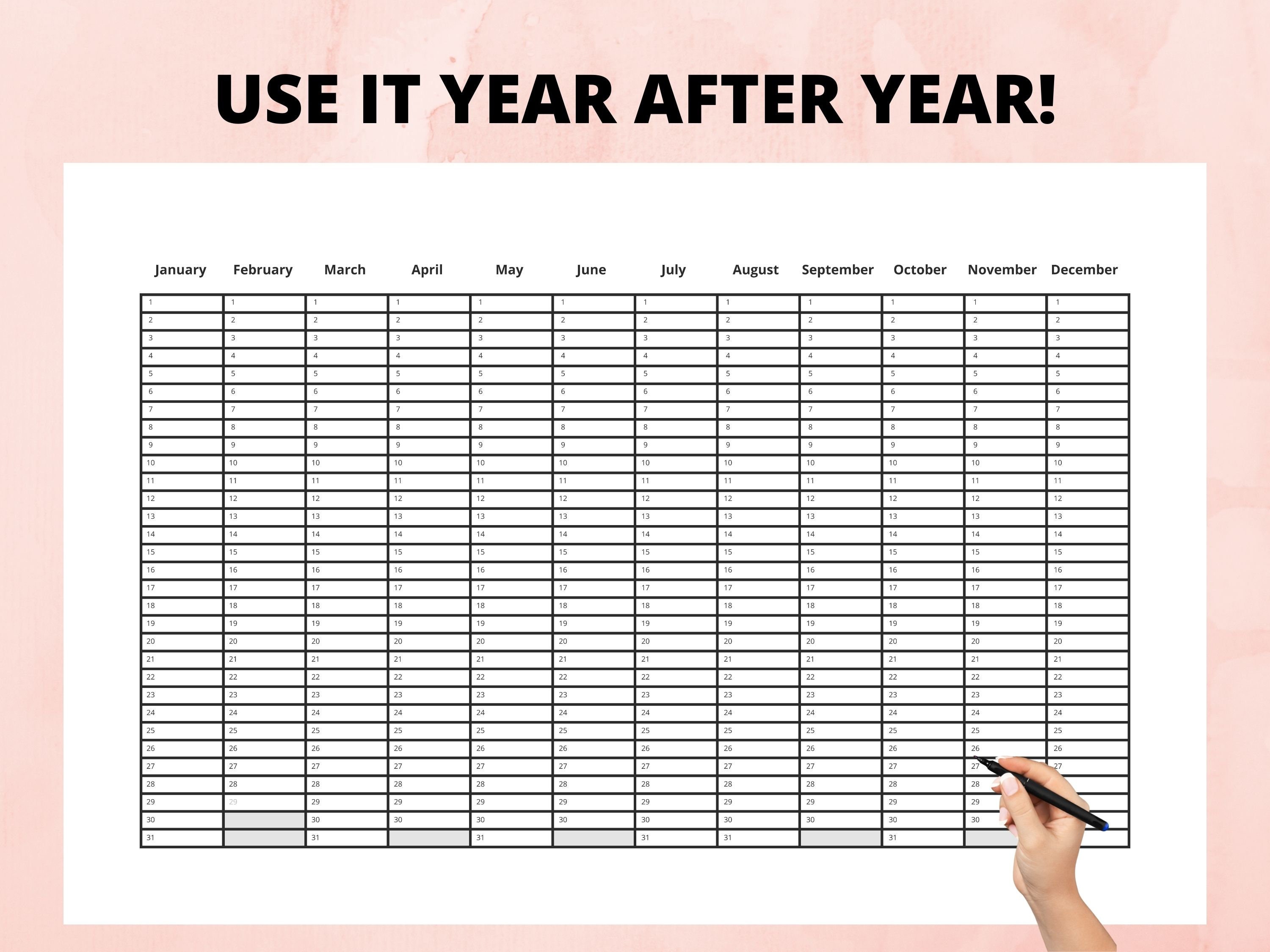 Perpetual Calendar - Minimalist Forever Calendar. Wall Printable 24 X ...