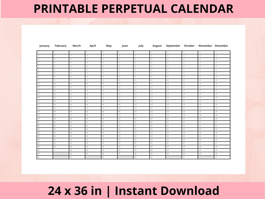 Perpetual Calendar - Minimalist Forever Calendar. Wall Printable 24 X ...