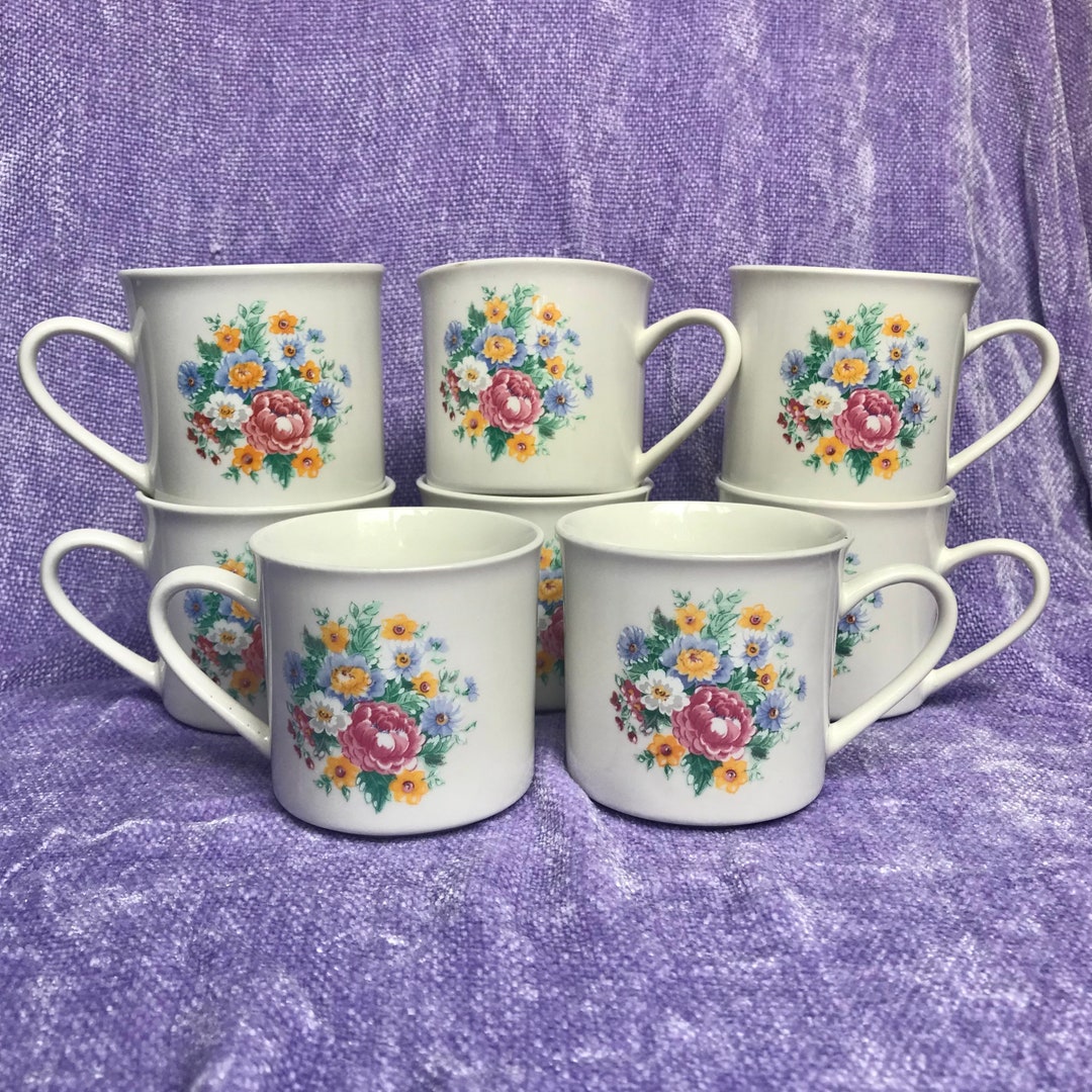 Vtg 90s Gibson Housewares China 8 Tea Cups Bright Spiring Floral ...