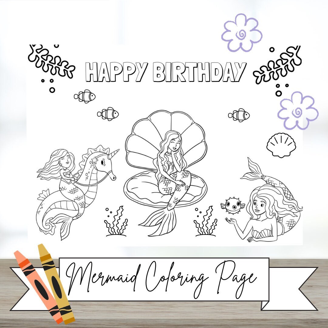 Mermaid Birthday Party Coloring Page Kids Table, Party Favor, Mermaid ...