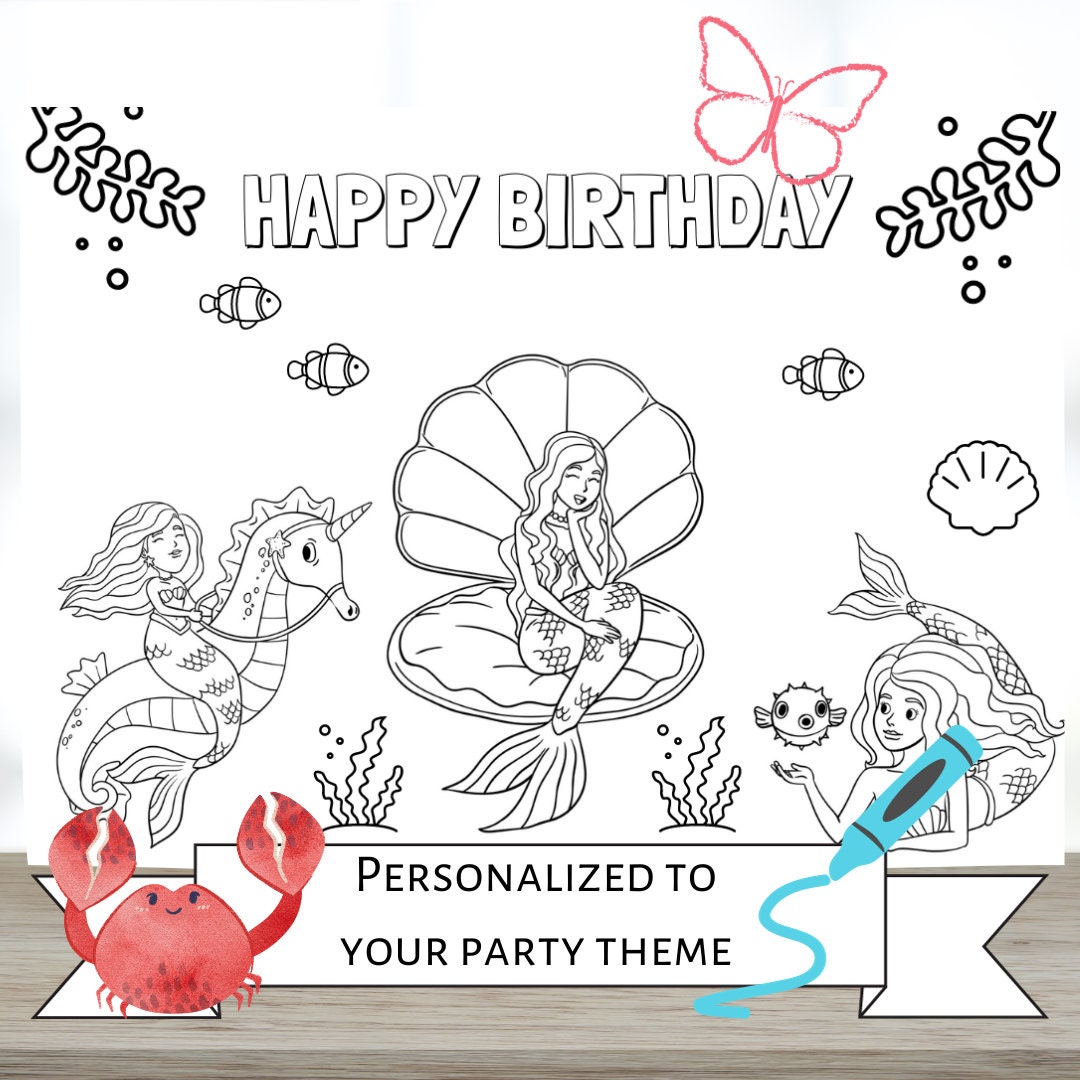 Mermaid Birthday Party Coloring Page Kids Table, Party Favor, Mermaid ...