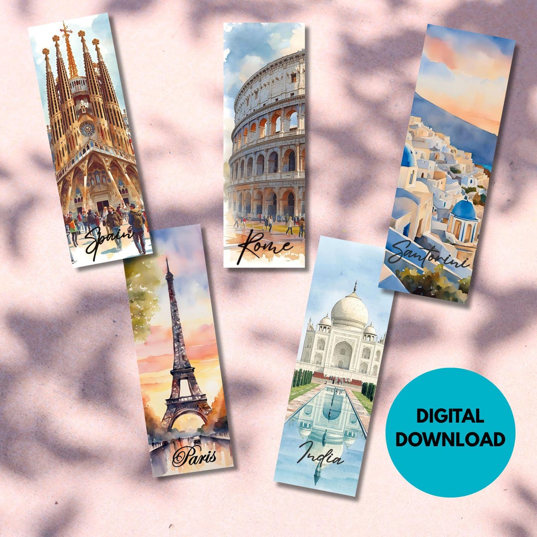 World Travel Printable Bookmarks | Watercolor Famous Landmark Bookmark ...