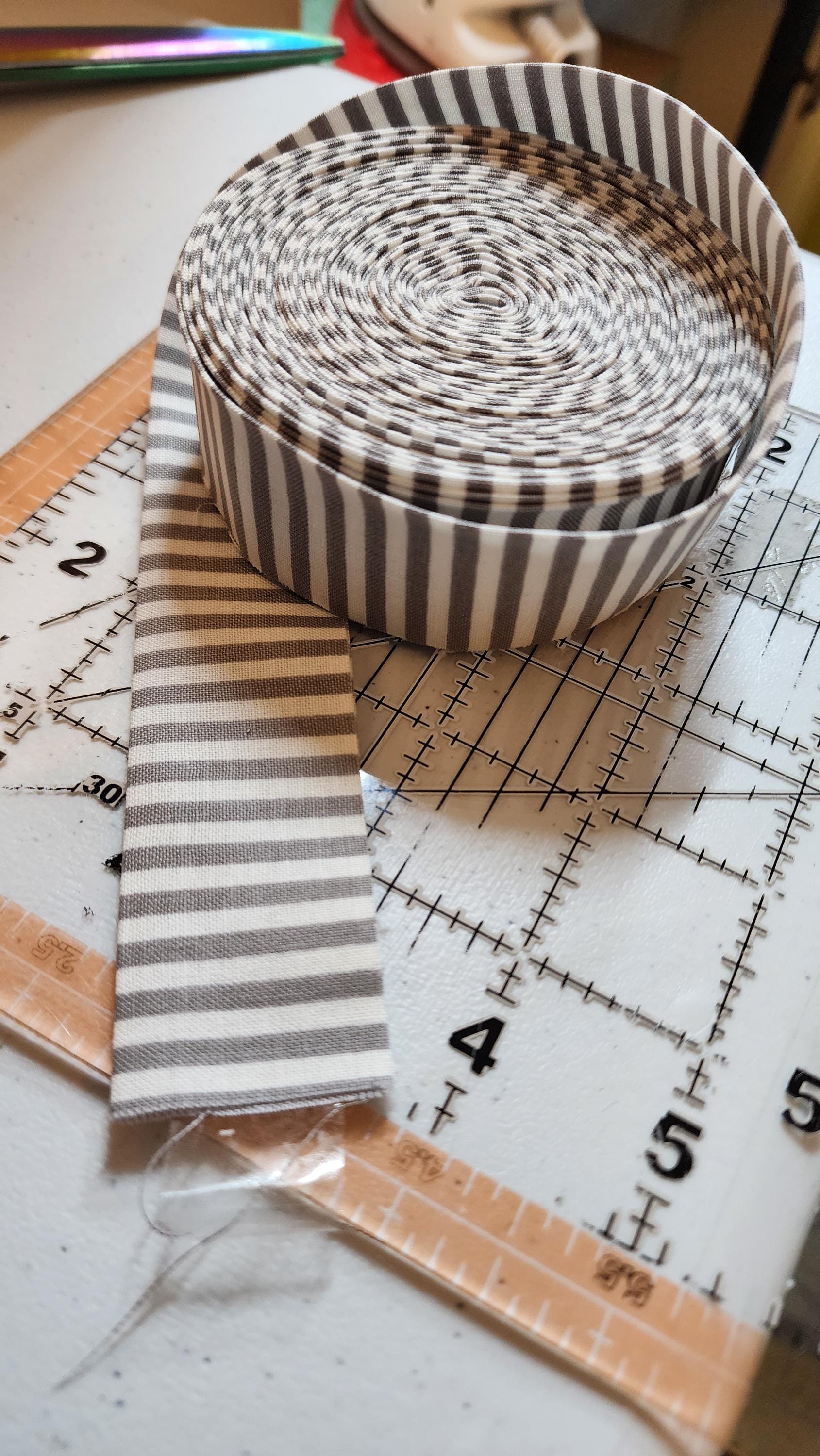 Grey Striped 2 1/2 in Pressed Binding for Quilts, Cotton Fabric, Sold ...