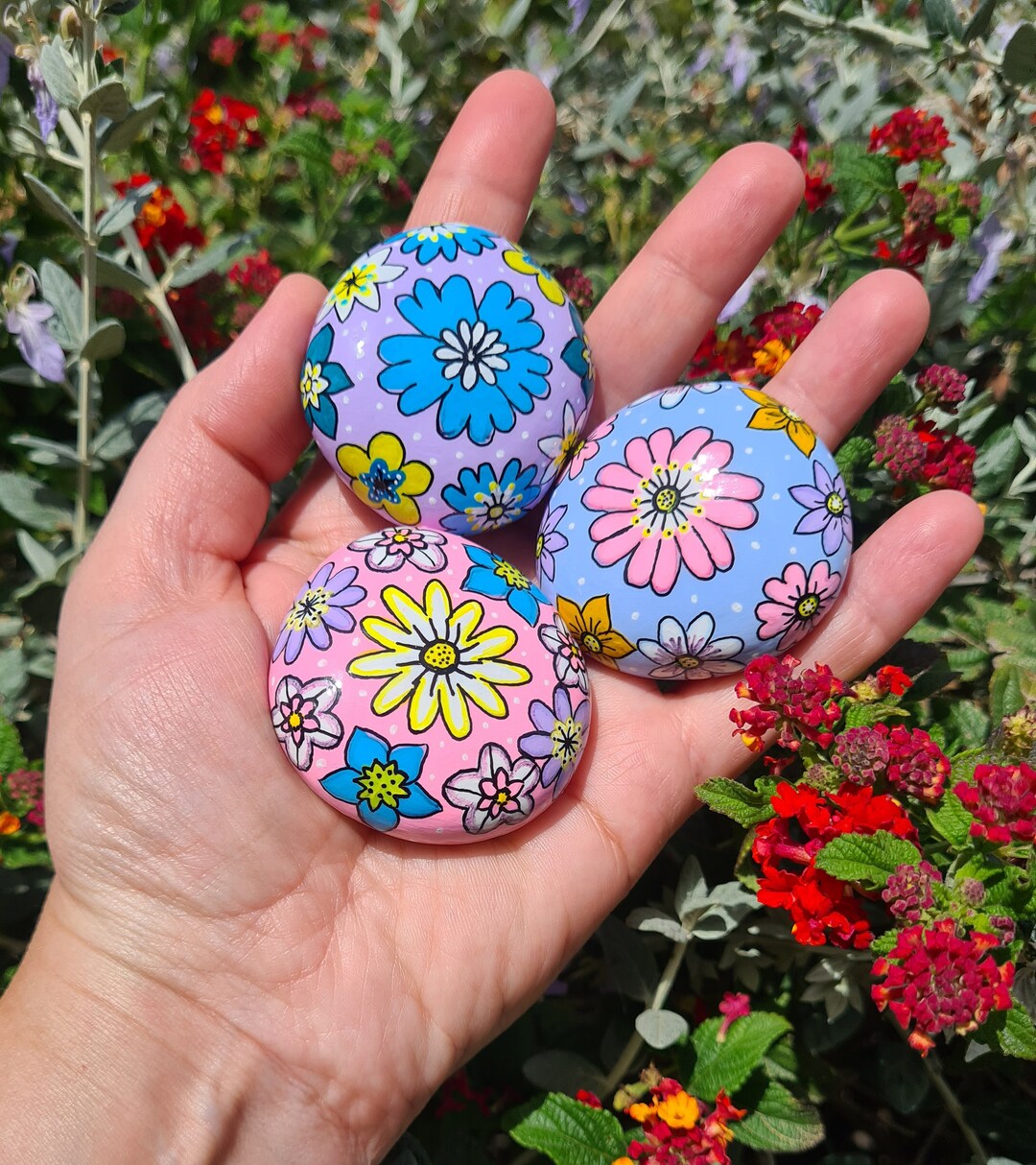 3 Hand Painted Rocks Stonesflower Rock Paintingpebble - Etsy