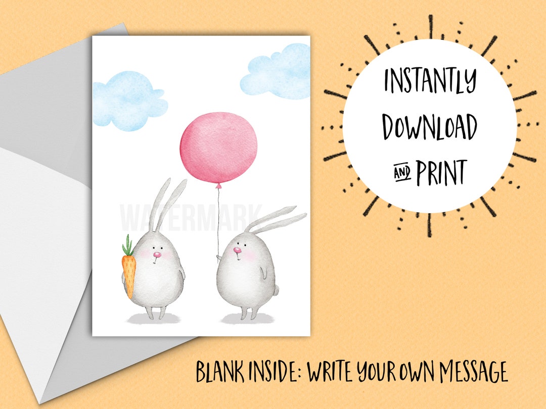Printable Card, Blank Printable Card, Cute Bunny Card, Instant PDF ...