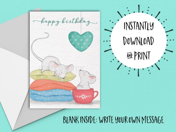 Printable Birthday Card Blank Printable Card Cute Mouse | Etsy