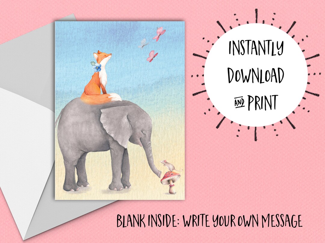 Printable Card, Blank Printable Card, Cute Animal Card, Instant PDF ...