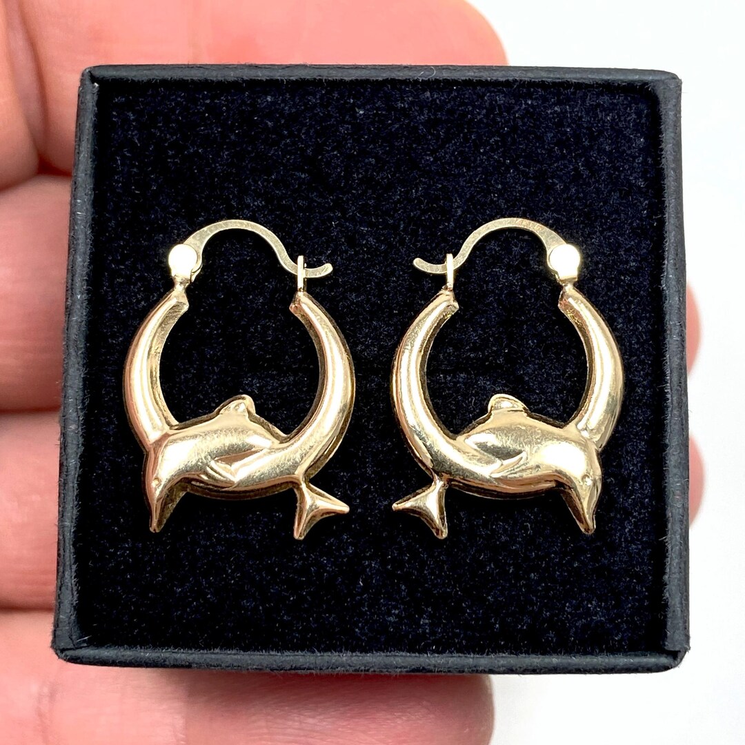14k Solid Yellow Gold Hollow Dolphin Hoop Earrings (.84 Inch) (1 Gram ...