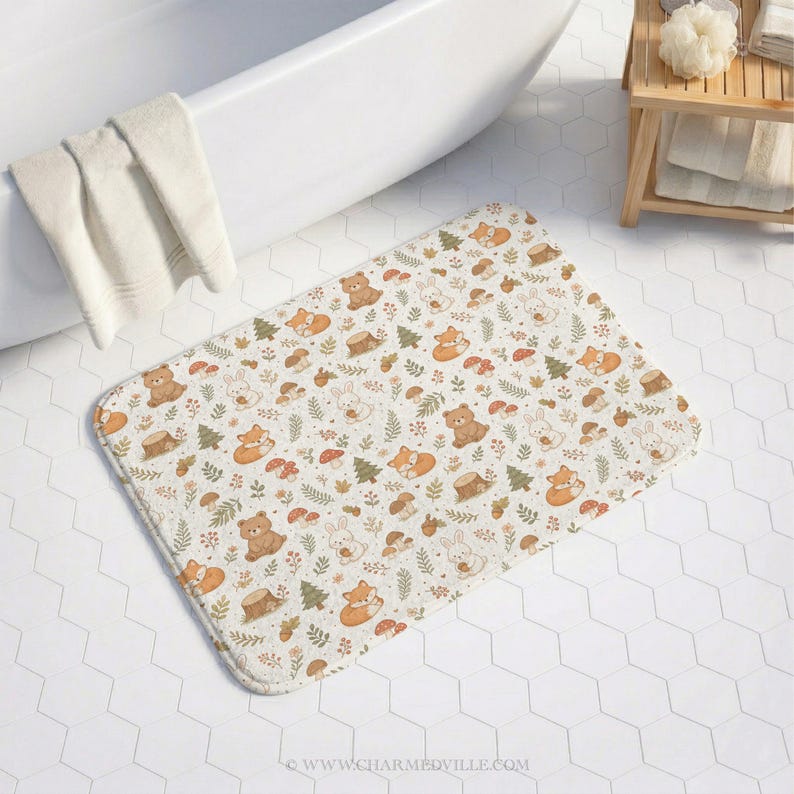 Woodland Animals Bath Mat, Cottagecore Forest Fox Bunny Bear Rug, Kids ...