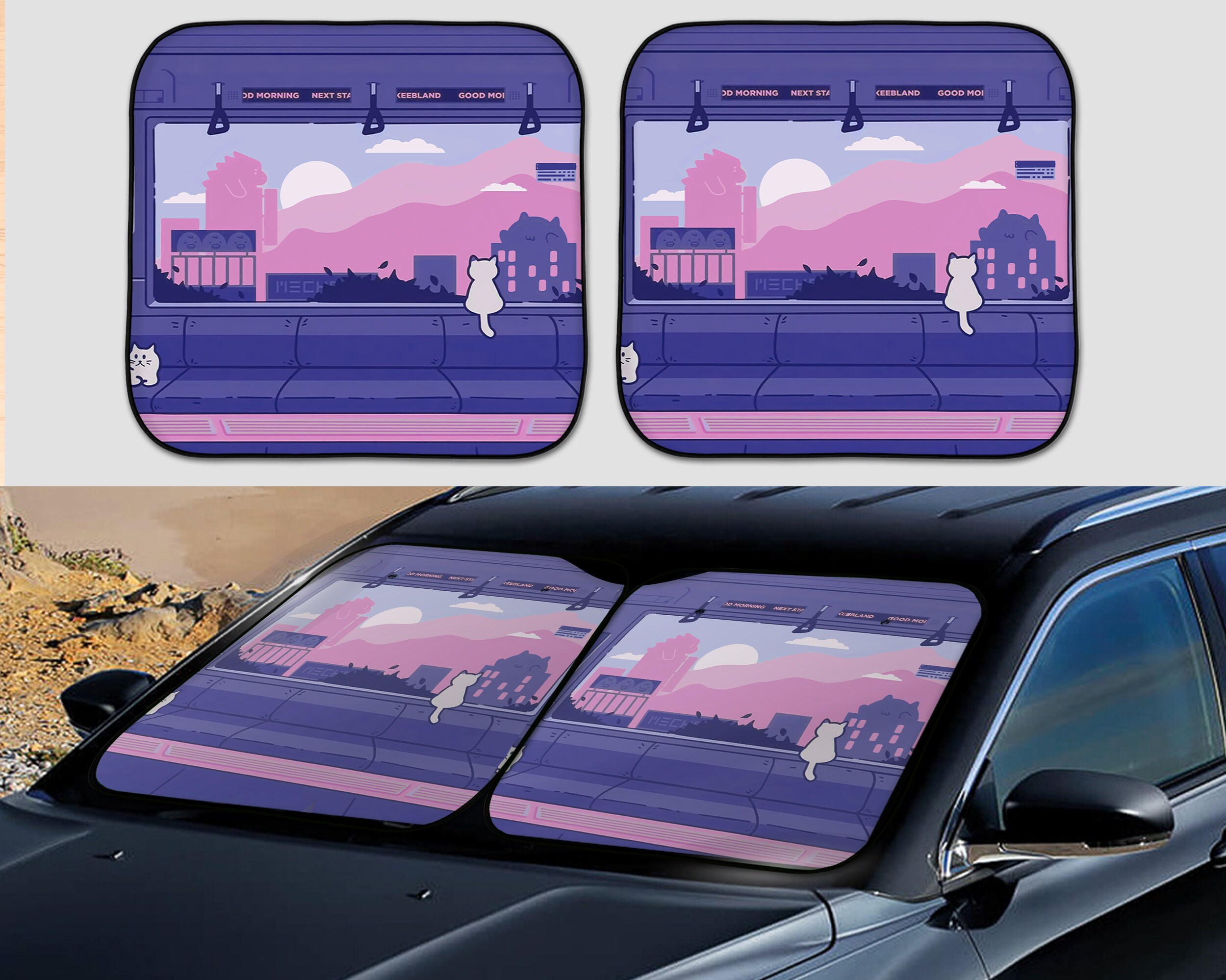 Kawaii Sun shade for car window, Pink purple sunshade, Cute aesthetic ...