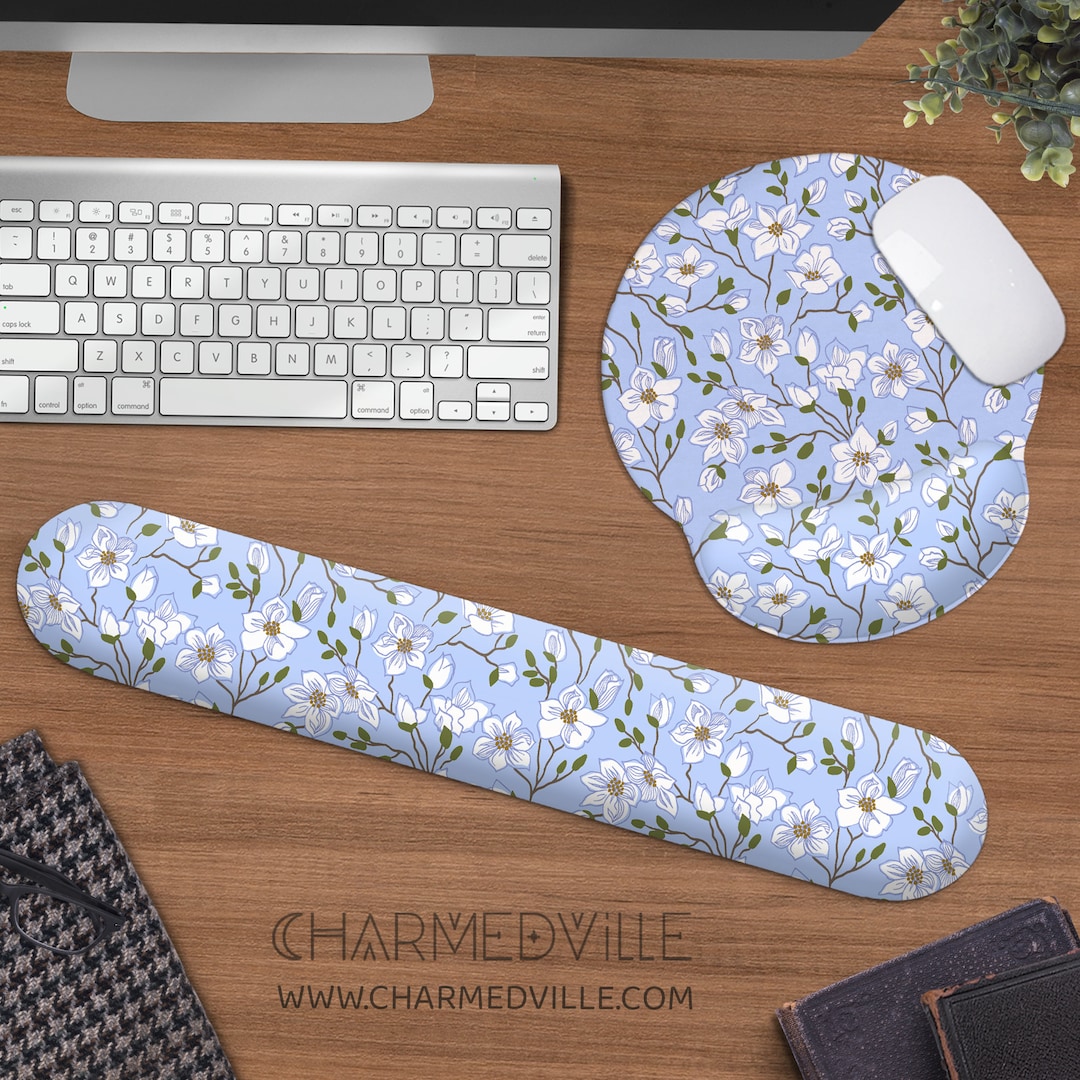 Cute Blue Mouse Pad, Ergonomic Keyboard Wrist Rest, Floral Desk Mat ...