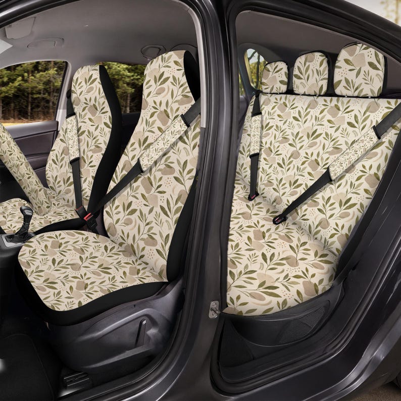 Beige Botanical Car Seat Covers, Airbag Compatible Universal Front and ...