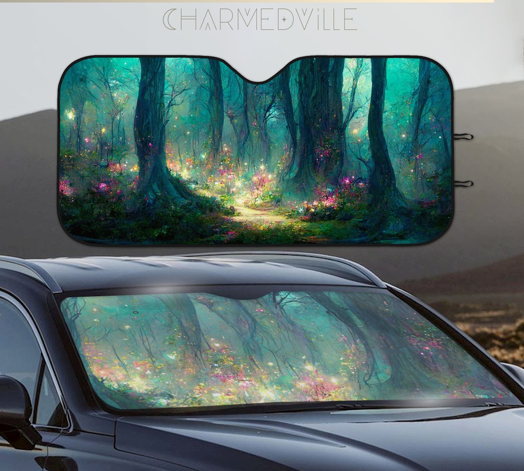 Forest Car Sunshade, Nature Painting Sun Shade, Green Fairy Art Window ...
