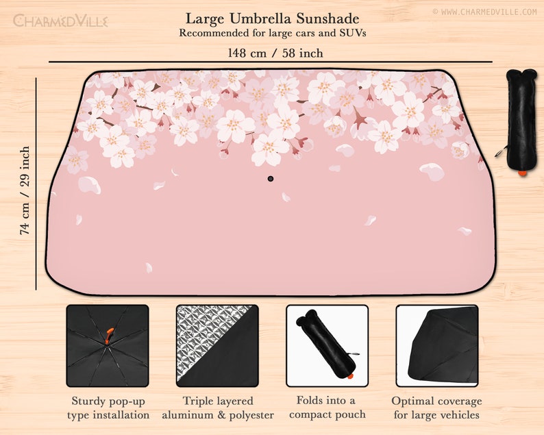 Pink Sun Shade for Car, Cute Floral Windshield Cover, Sakura Reflector ...