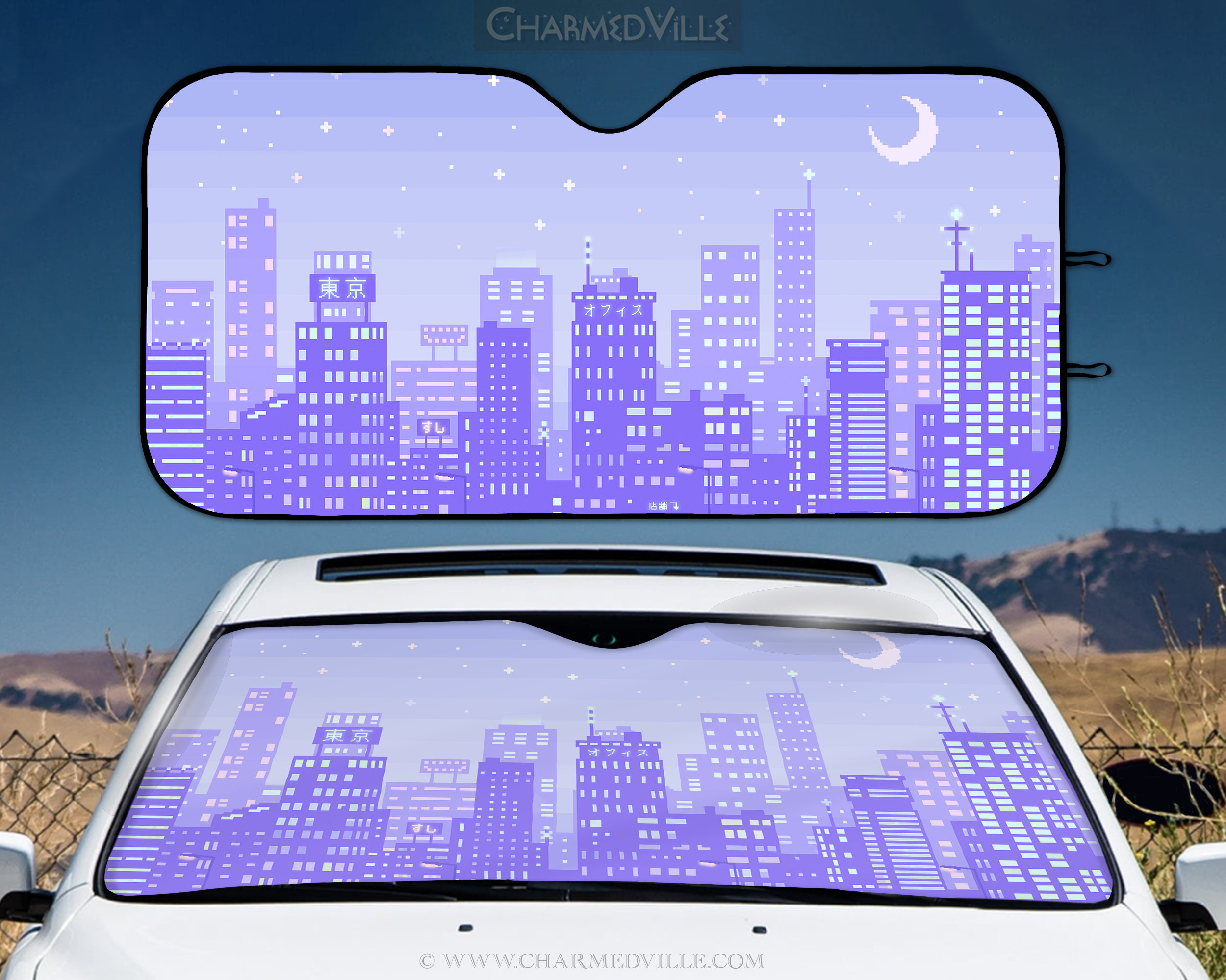 Sun Shade for Car Window, Blue Purple Sunshade, Cute Moon City ...